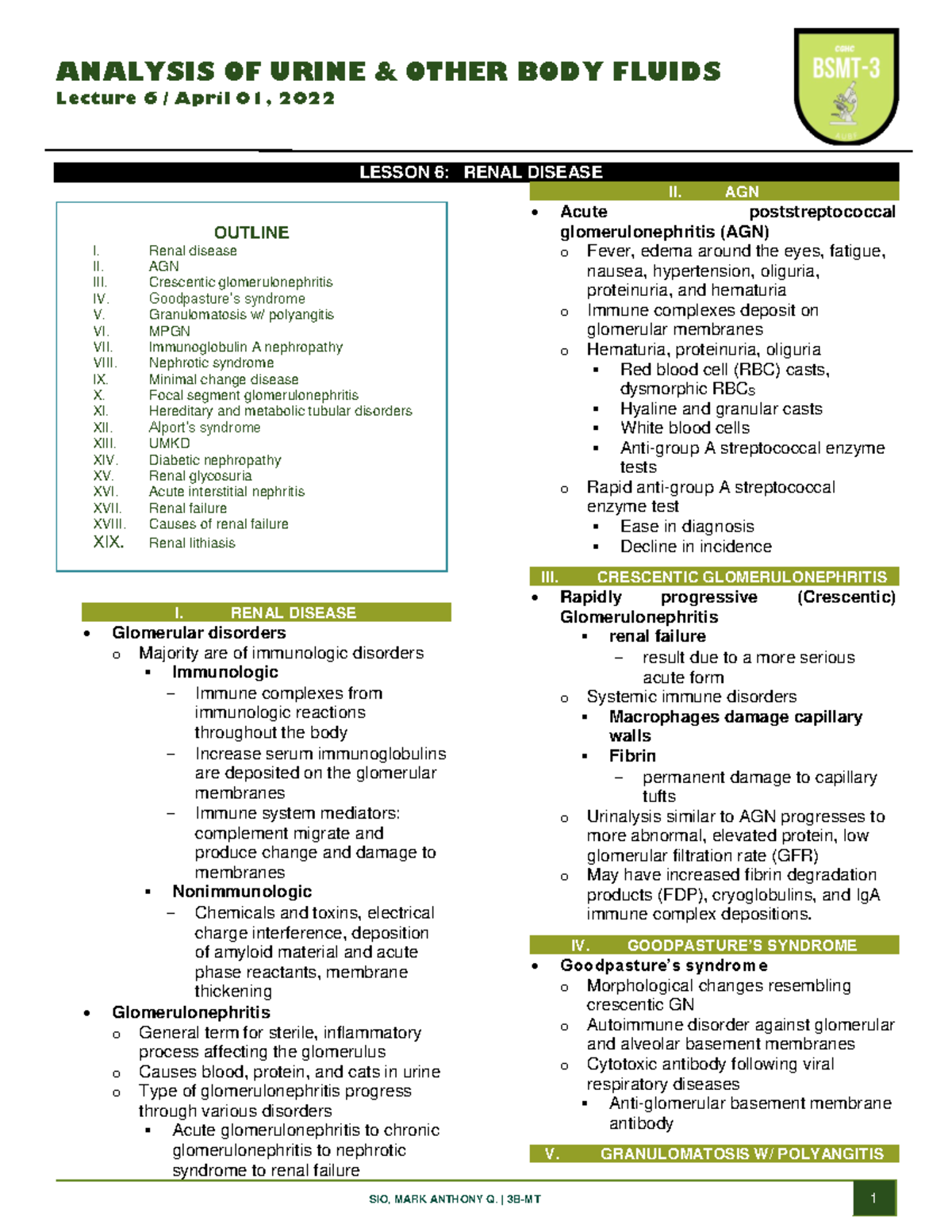6. Renal disease ANALYSIS OF URINE & OTHER BODY FLUIDS - ANALYSIS OF ...