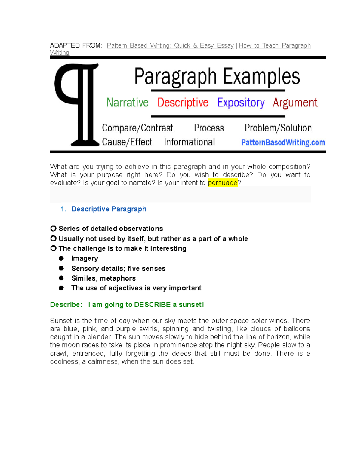 Kind of paragraphs - Ingles 5 - ADAPTED FROM: Pattern Based Writing ...
