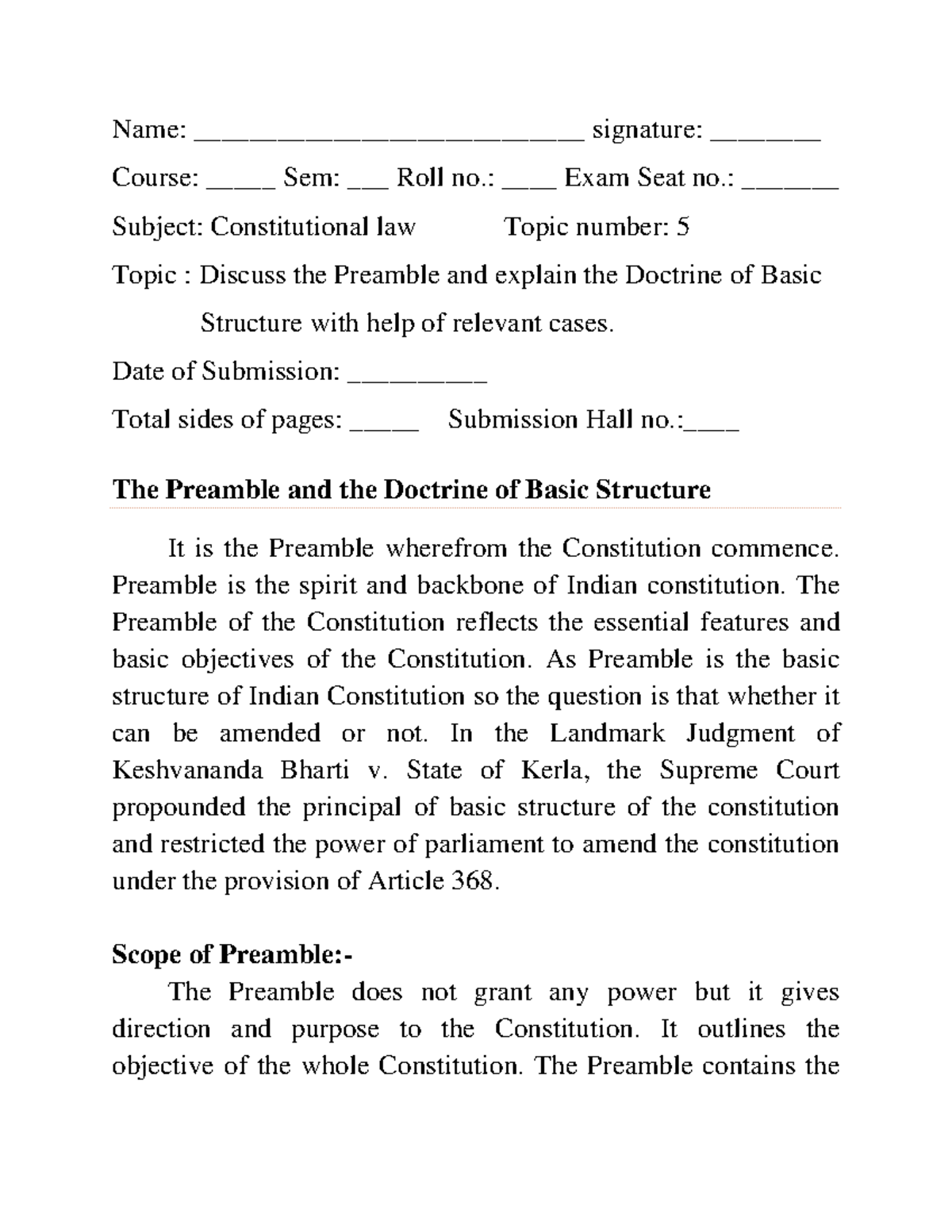 The Preamble and the Doctrine of Basic Structure - Name ...