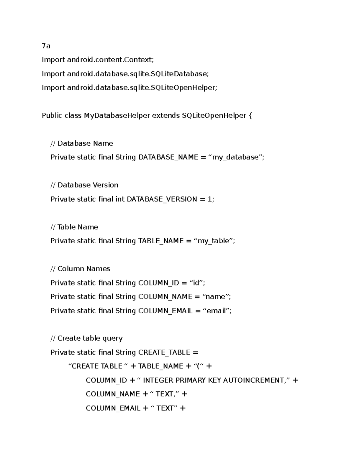 Document (2) - 7a Import android.content; Import android.database.sqlite; Import - Studocu