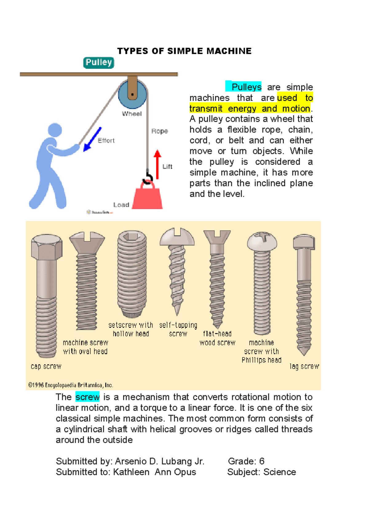Types OF Simple Machine - TYPES OF SIMPLE MACHINE Pulleys are simple ...