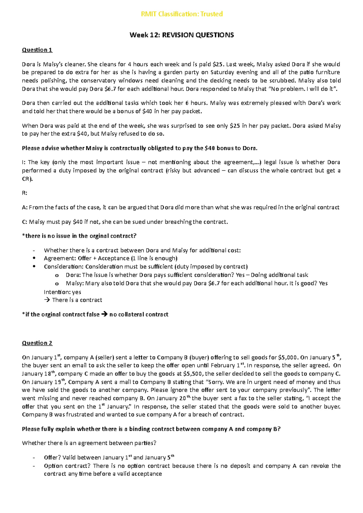 Week 12 Revision Questions - 2021 [Official Version] - Week 12: REVISION QUESTIONS Question 1 ...