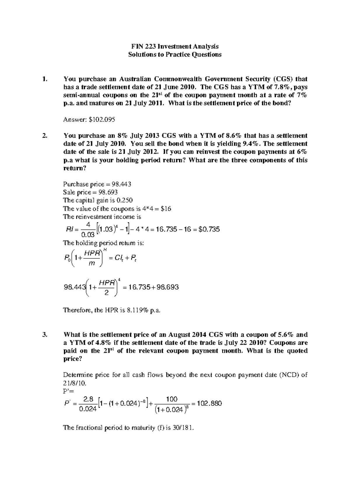 FIN 223 Practice Questions Solutions - FIN 223 Investment Analysis ...