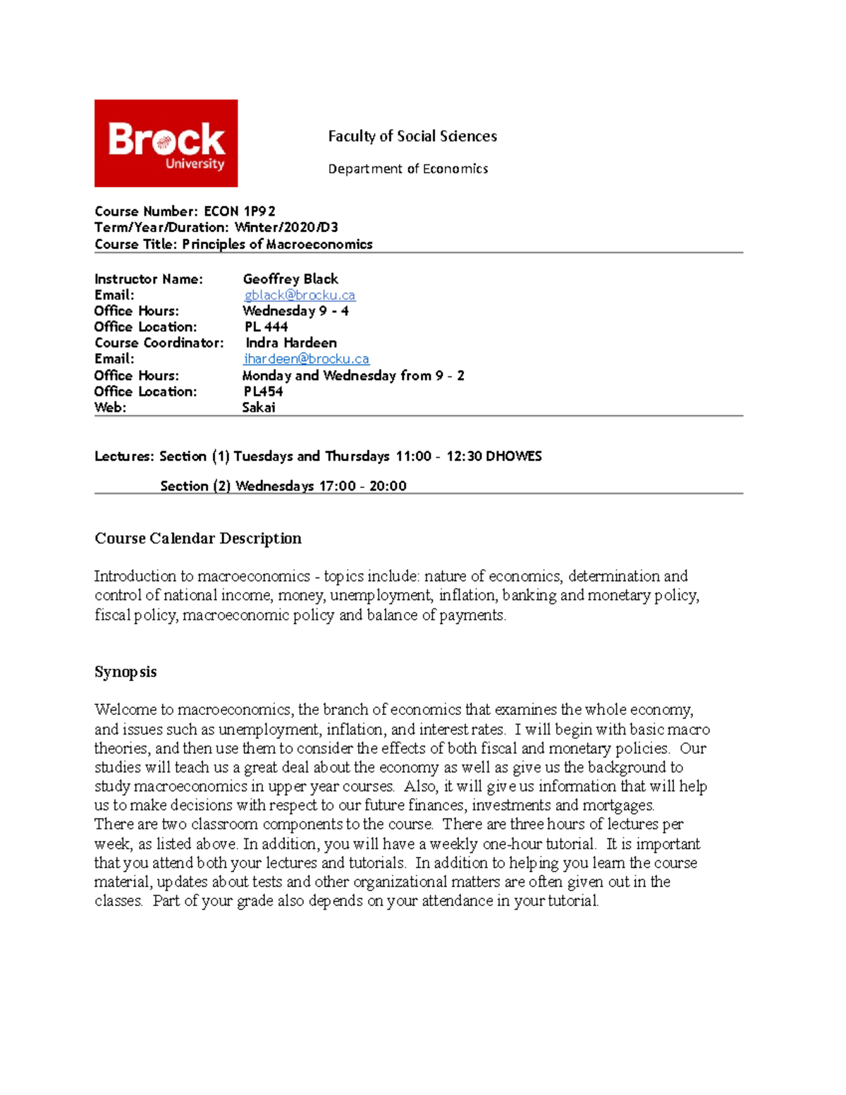 1P92 course outline Winter 2020 - Course Number: ECON 1P Term/Year ...
