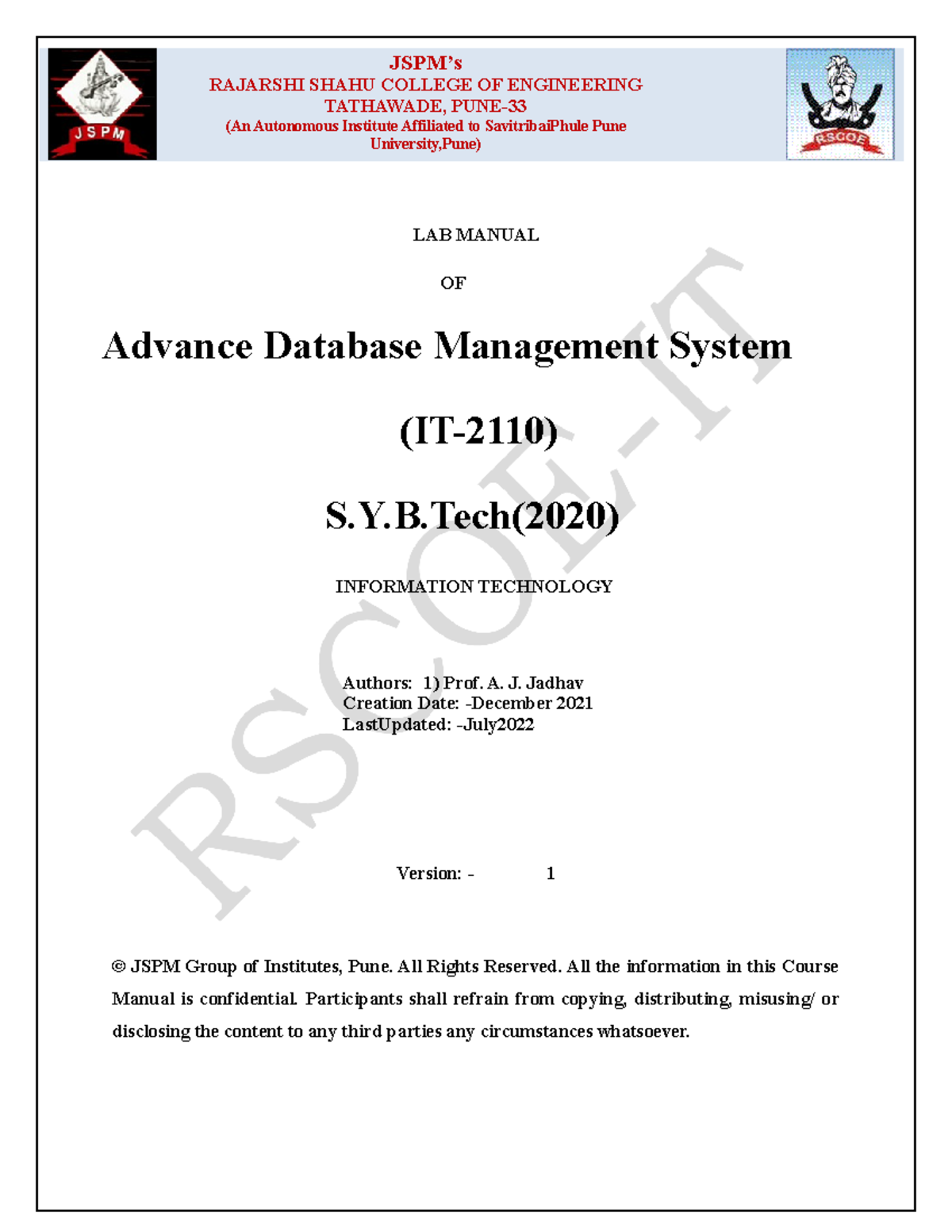 JSPM Final Adbms LAB manual 1 - OF Advance Database Management System ...