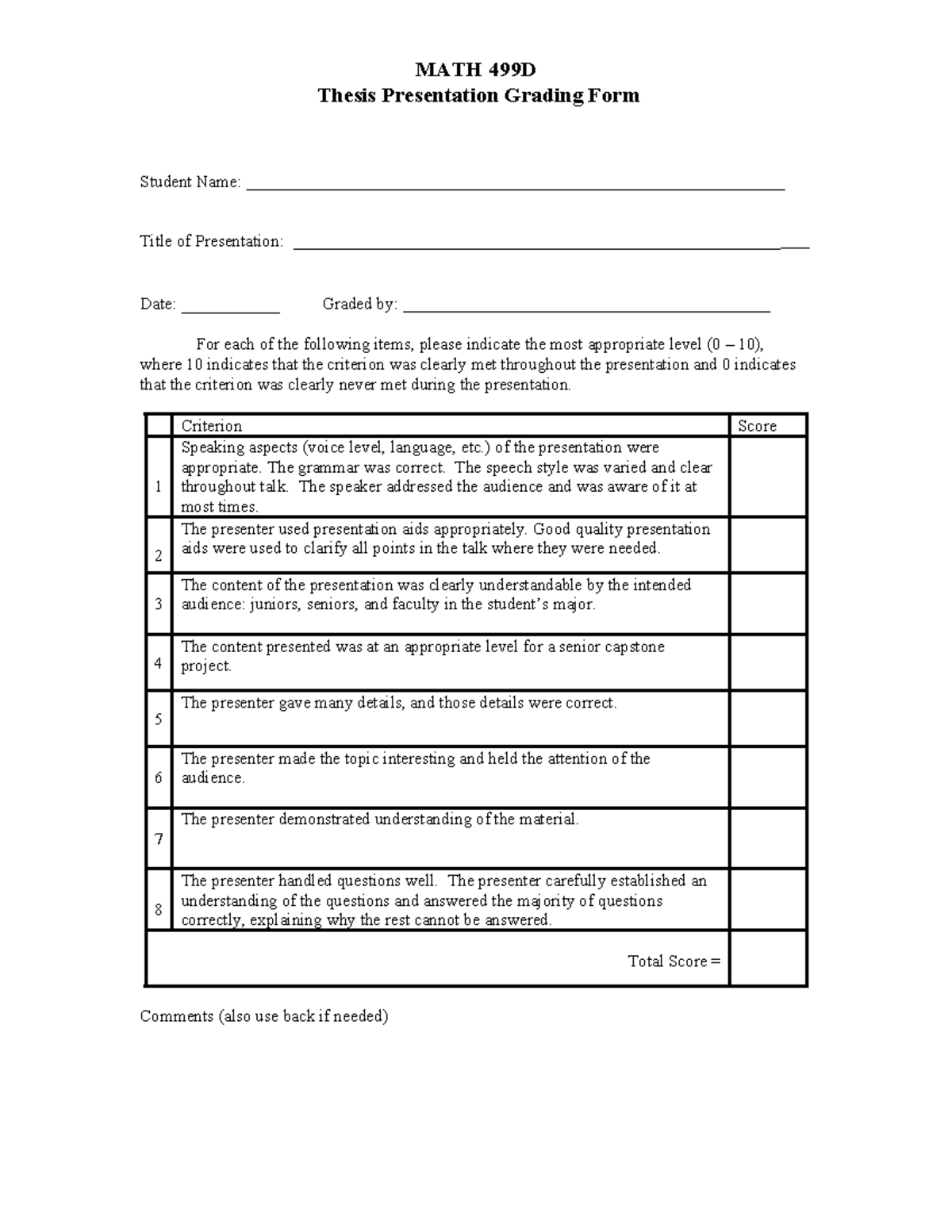 Fall 2021 Thesis Presentation Grading Form - MATH 499D Thesis Presentation Grading Form Student ...
