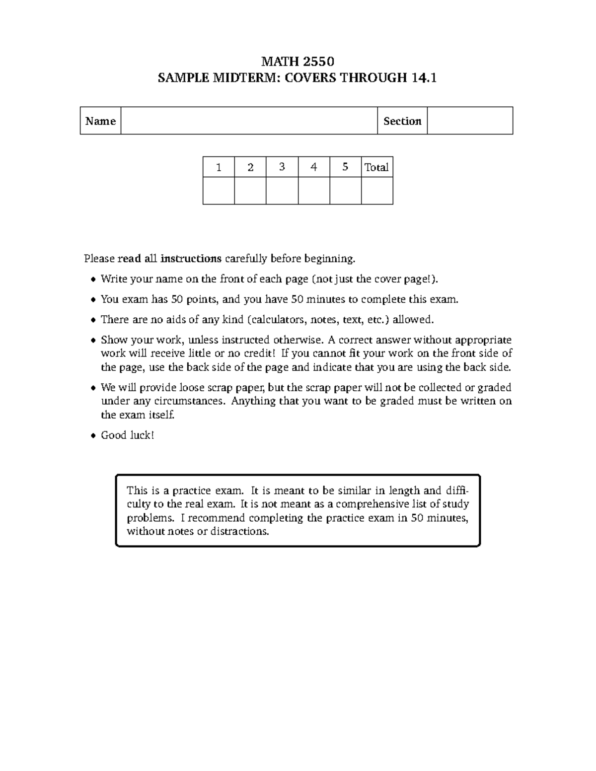 Sample 1-j-19s-soln - MATH 2550 SAMPLE MIDTERM: COVERS THROUGH 14. Name ...