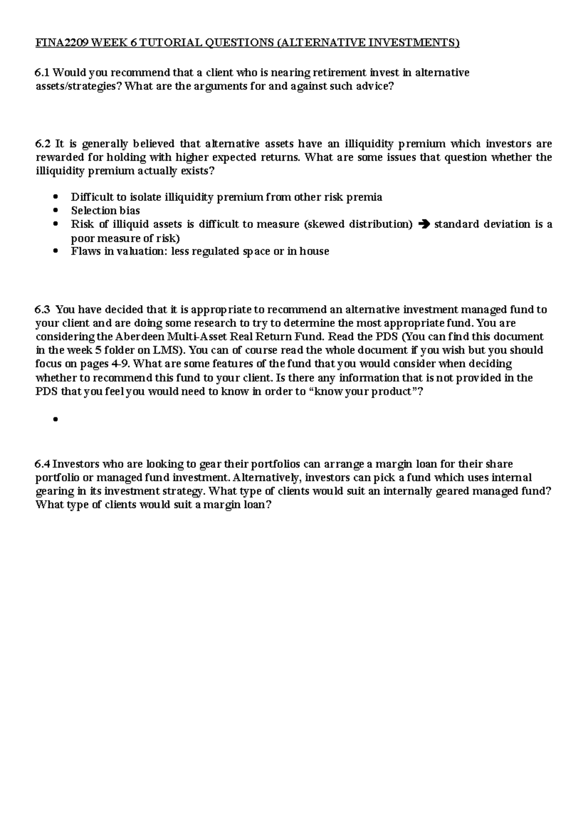 FINA2209 WEEK 6 Tutoral Questions - FINA2209 WEEK 6 TUTORIAL QUESTIONS ...
