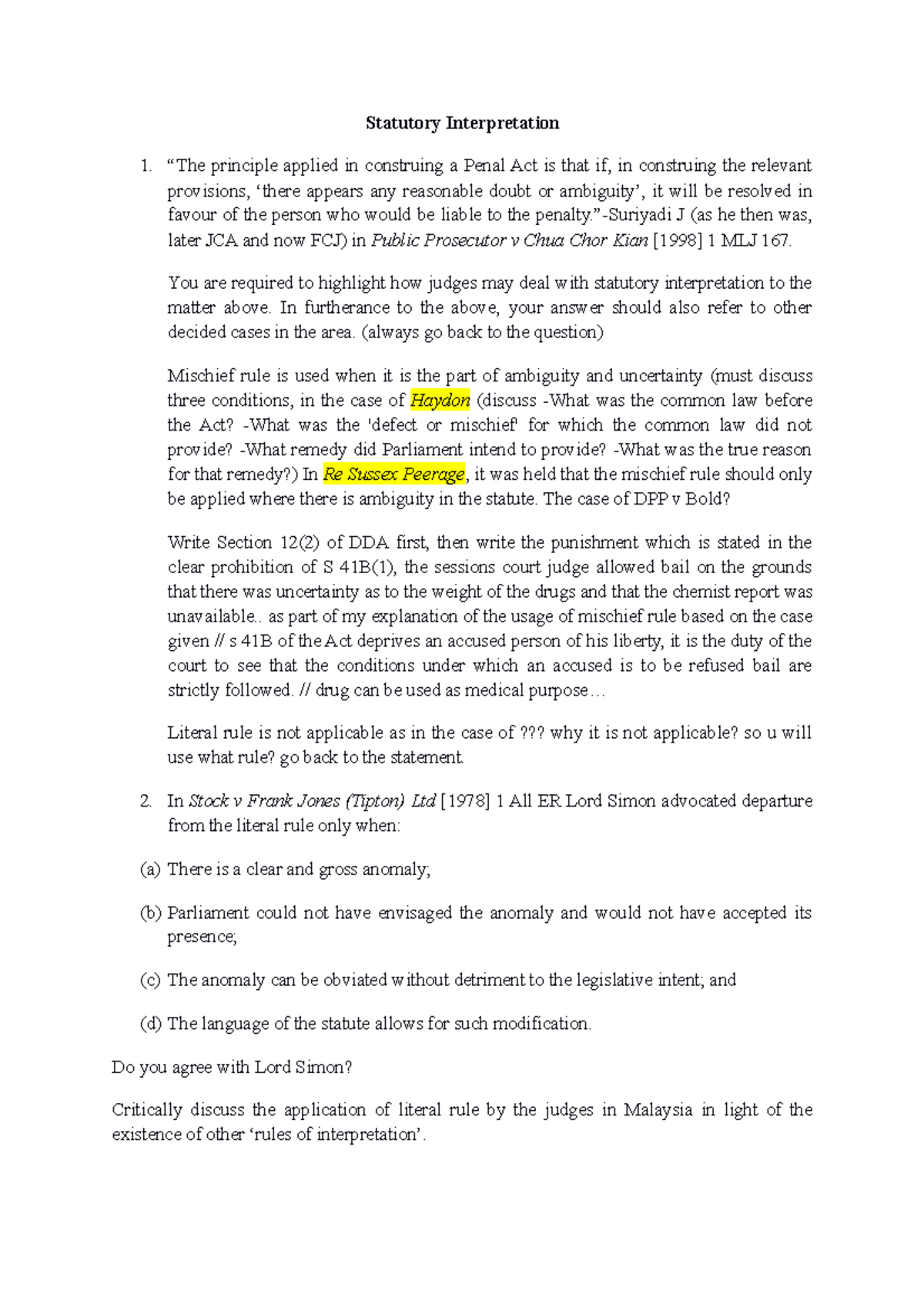 Legal method tutorial 12 - Statutory Interpretation “The principle applied in construing a Penal ...