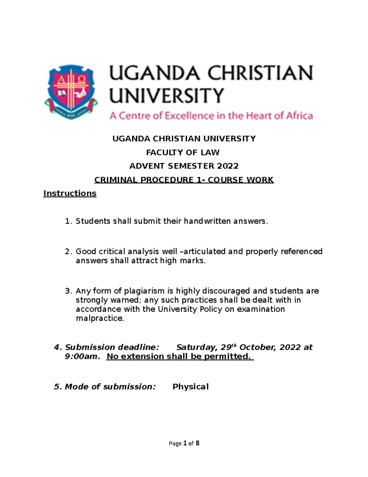 UCU Criminal Procedure Coursework Advent 2022 - UGANDA CHRISTIAN ...