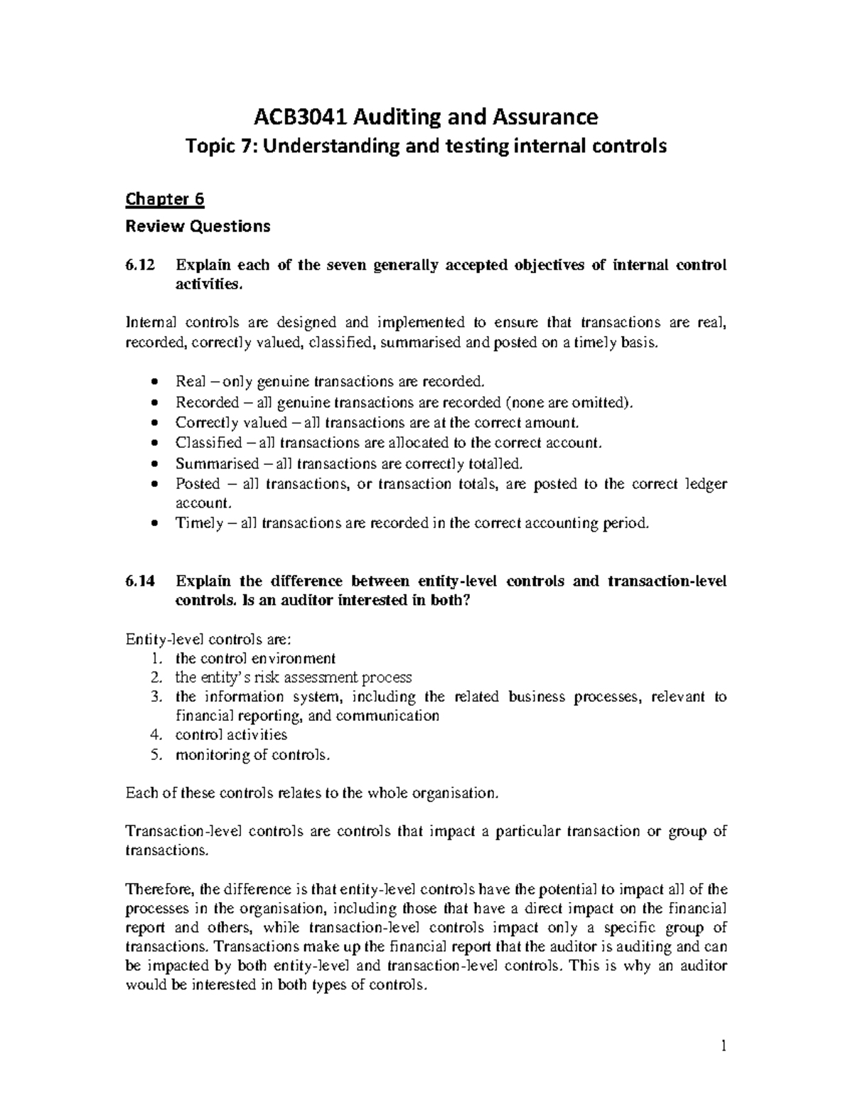 ACB3041 Topic 7 Tutorial Solutions - ACB3041 Auditing and Assurance Topic 7: Understanding and ...