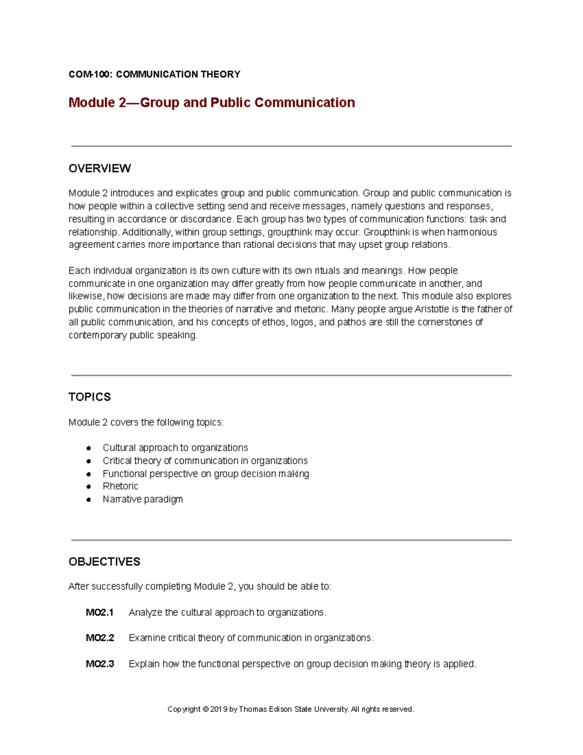 Module 2 COM-100-mar19 - COM-100: COMMUNICATION THEORY Module 2—Group ...