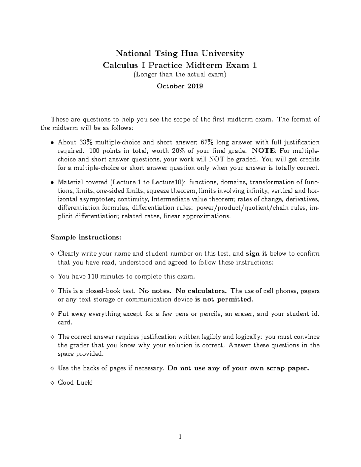 Calculus 1Practice Midterm 1 sol - National Tsing Hua University Calculus I Practice Midterm ...