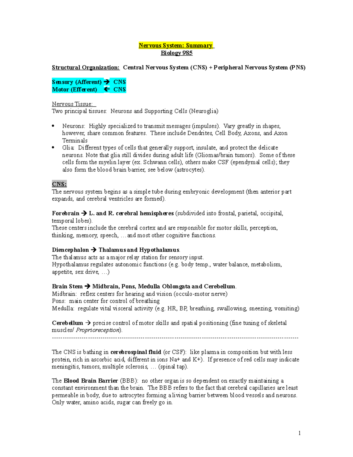 CNS Summary - Human Body for Nurses 985 - Nervous System: Summary ...