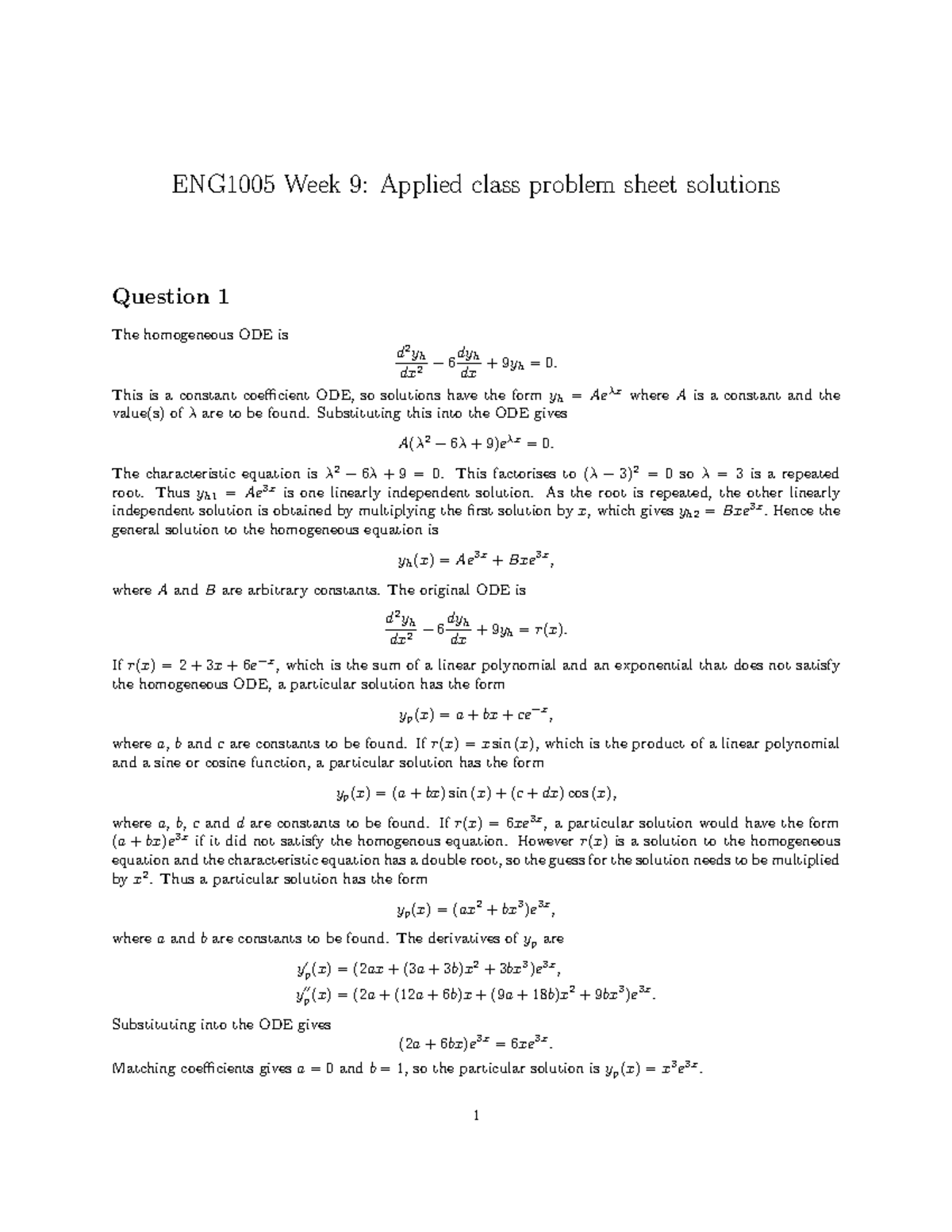Ordinary differential equations - ENG1005 Week 9: Applied class problem ...