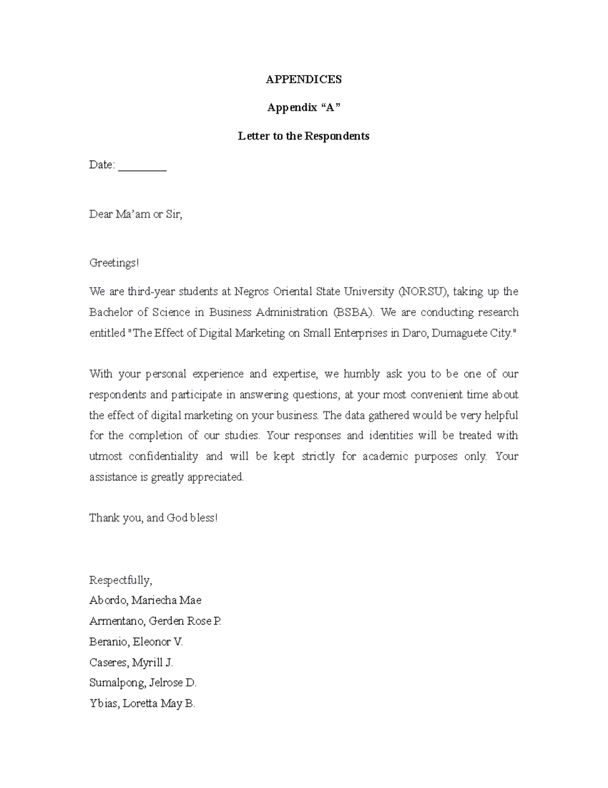 Questionnaire - None - APPENDICES Appendix “A” Letter to the ...