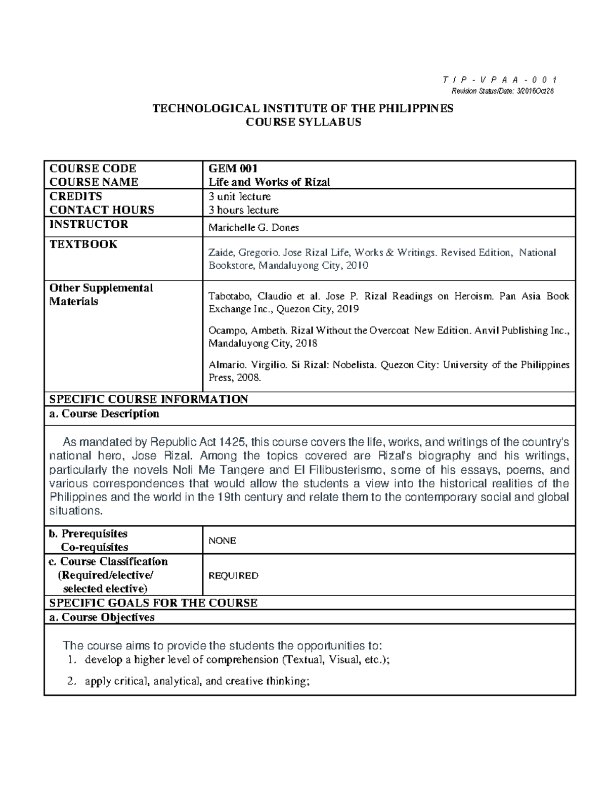 GEM 001 Life Works of Rizal Course Syllabus 1 2 - TECHNOLOGICAL ...