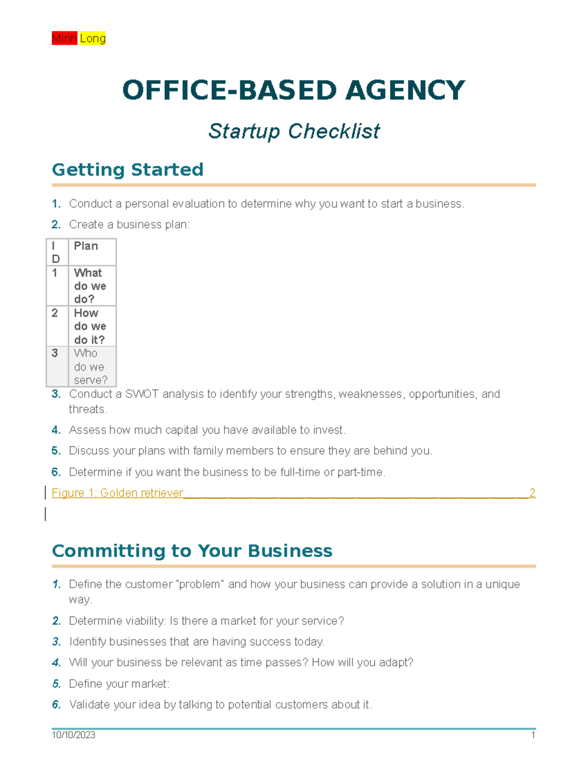 Project 6 - dsgw ag - Minh Long OFFICE-BASED AGENCY Startup Checklist ...