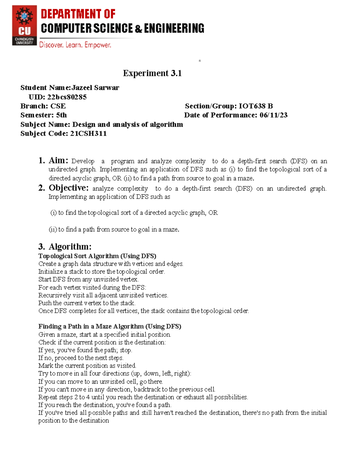 Daa 3.1 - Alasso - daa - COMPUTER SCIENCE & ENGINEERING Experiment 3. Student Name:Jazeel Sarwar ...