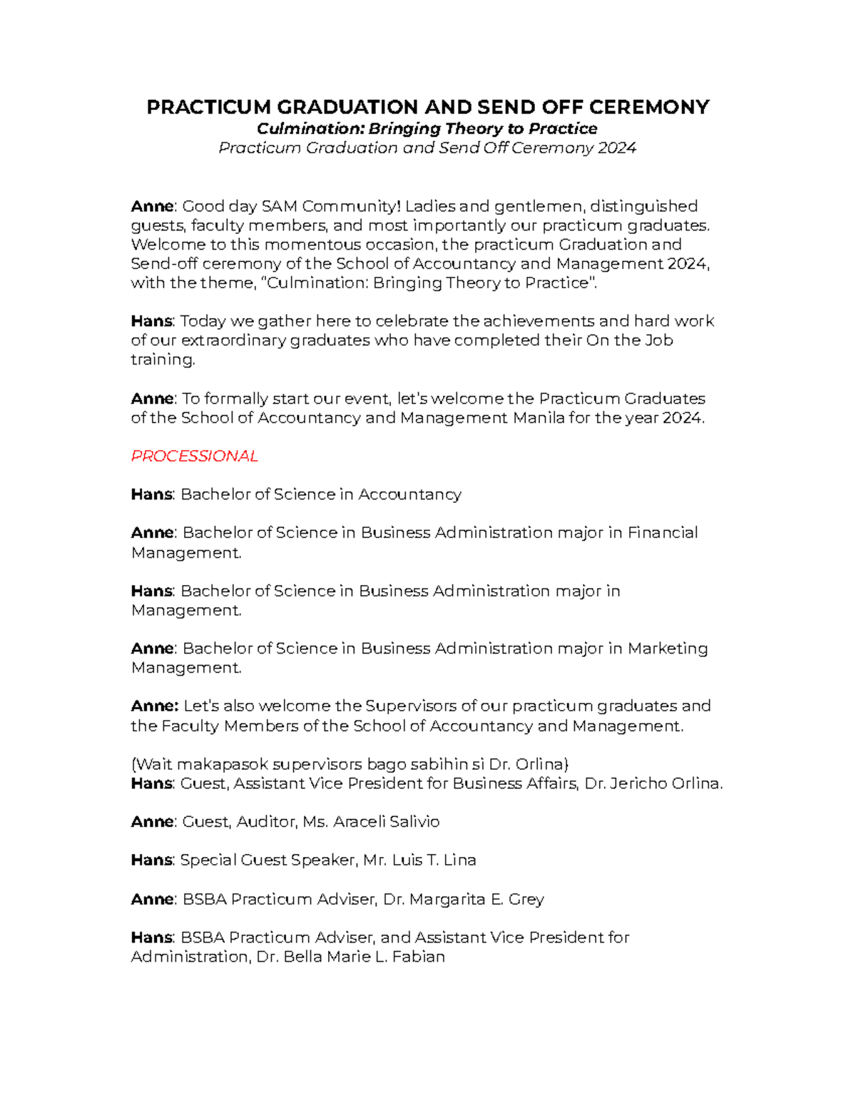 Script - PRACTICUM GRADUATION AND SEND OFF CEREMONY Culmination ...