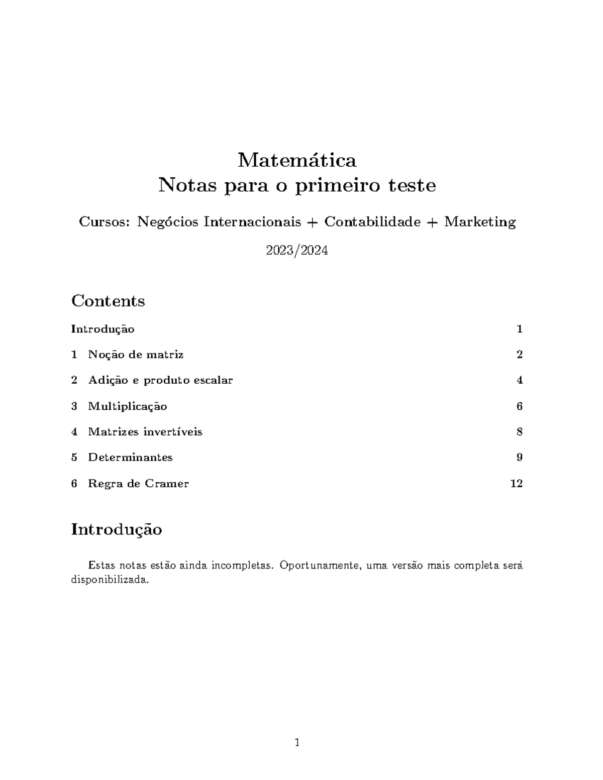 Notas Matrizes 23a24 - Matem ́atica Notas para o primeiro teste Cursos ...