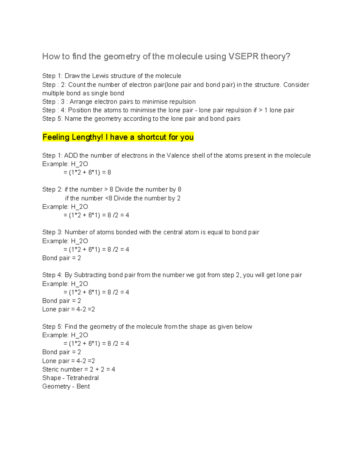 VSEPR theory - Cheat sheet - Structure and angles - How to find the ...