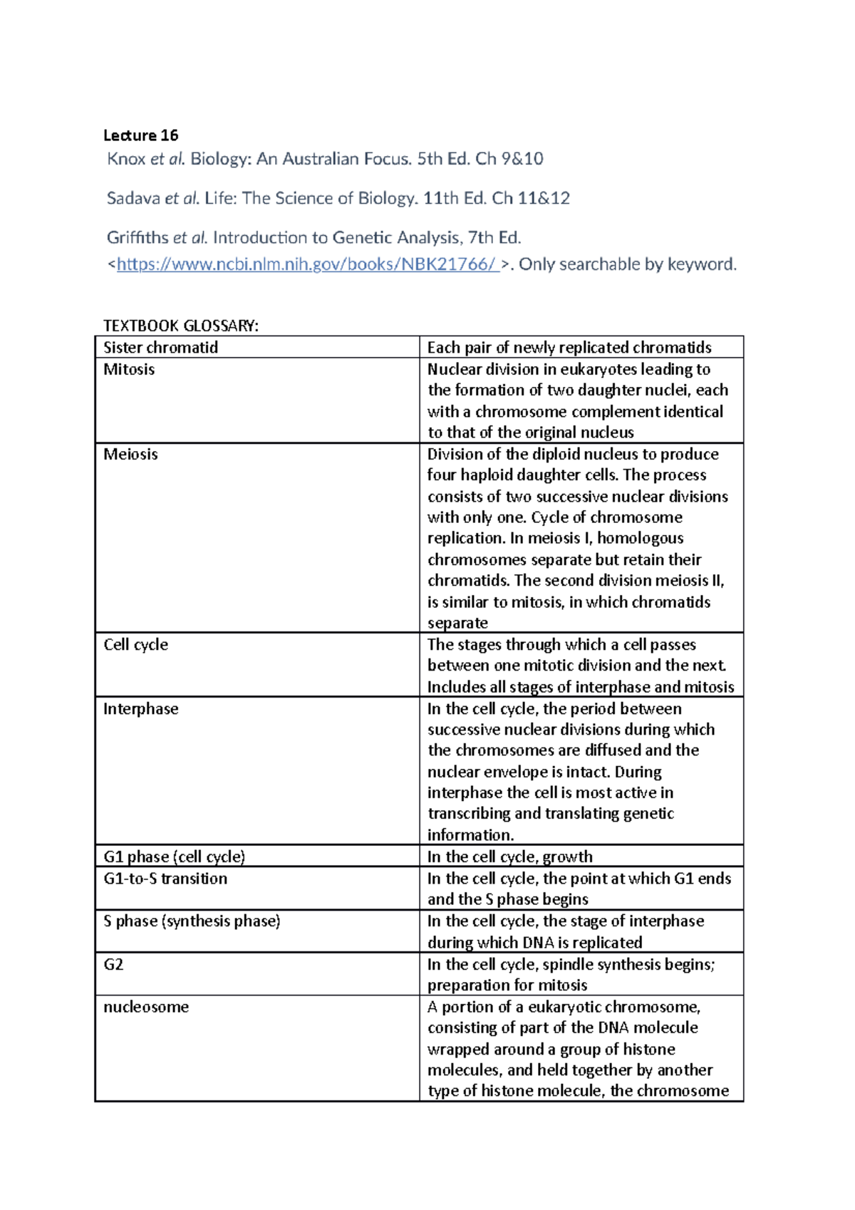 BIOL notes lecture 16 onwards - Lecture 16 TEXTBOOK GLOSSARY: Sister ...