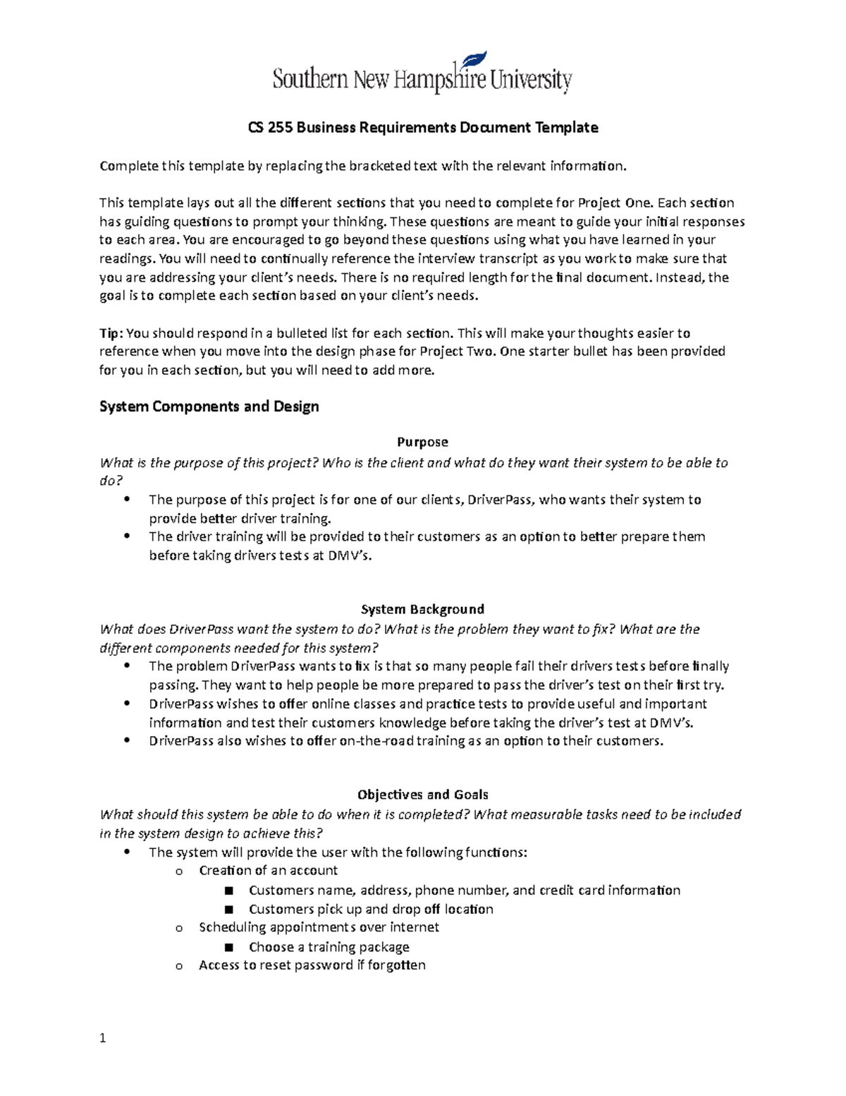 CS 255 Business Requirements Document Template-Project 1 - CS 255 Business Requirements Document ...