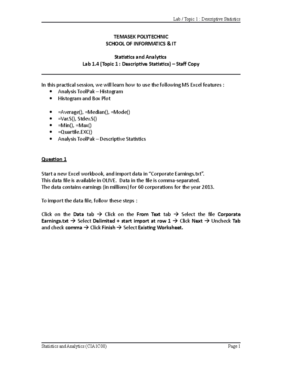 SANA Lab 1.4 Solution Statistics Course Part 1 (Temasek Polytechnic ...