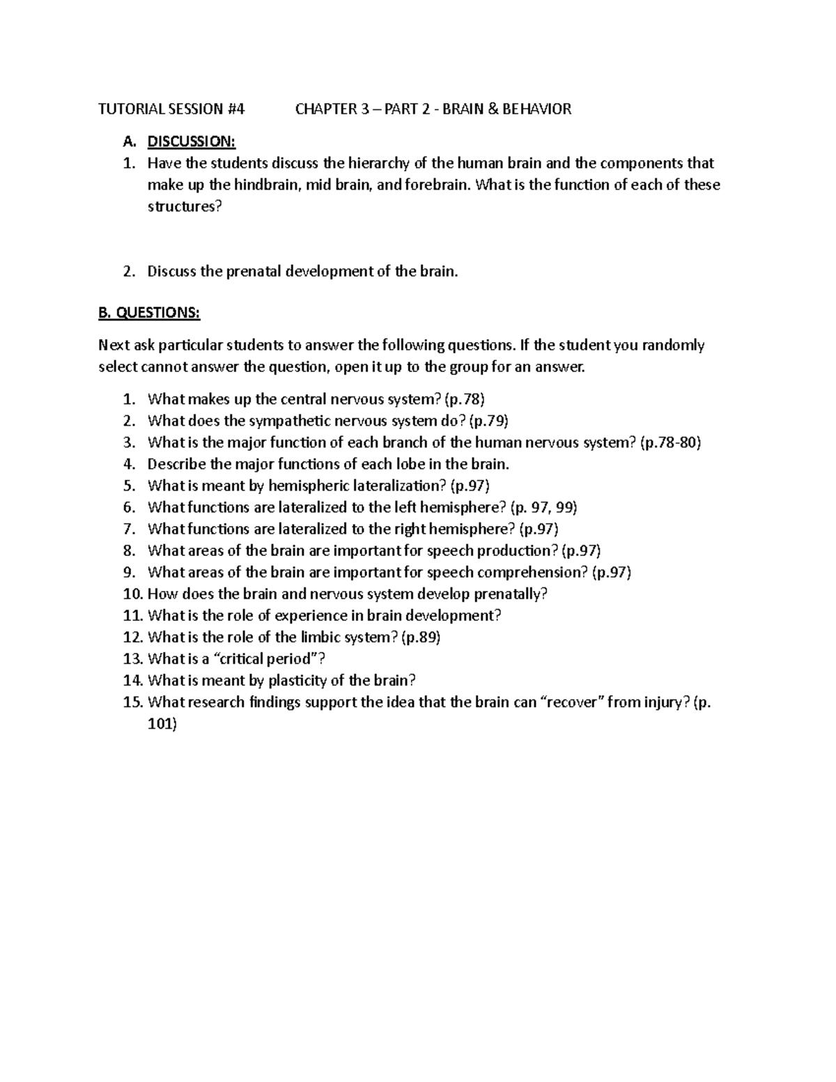 Psychology 1002A Tutorial #4 Questions - TUTORIAL SESSION #4 CHAPTER 3 ...