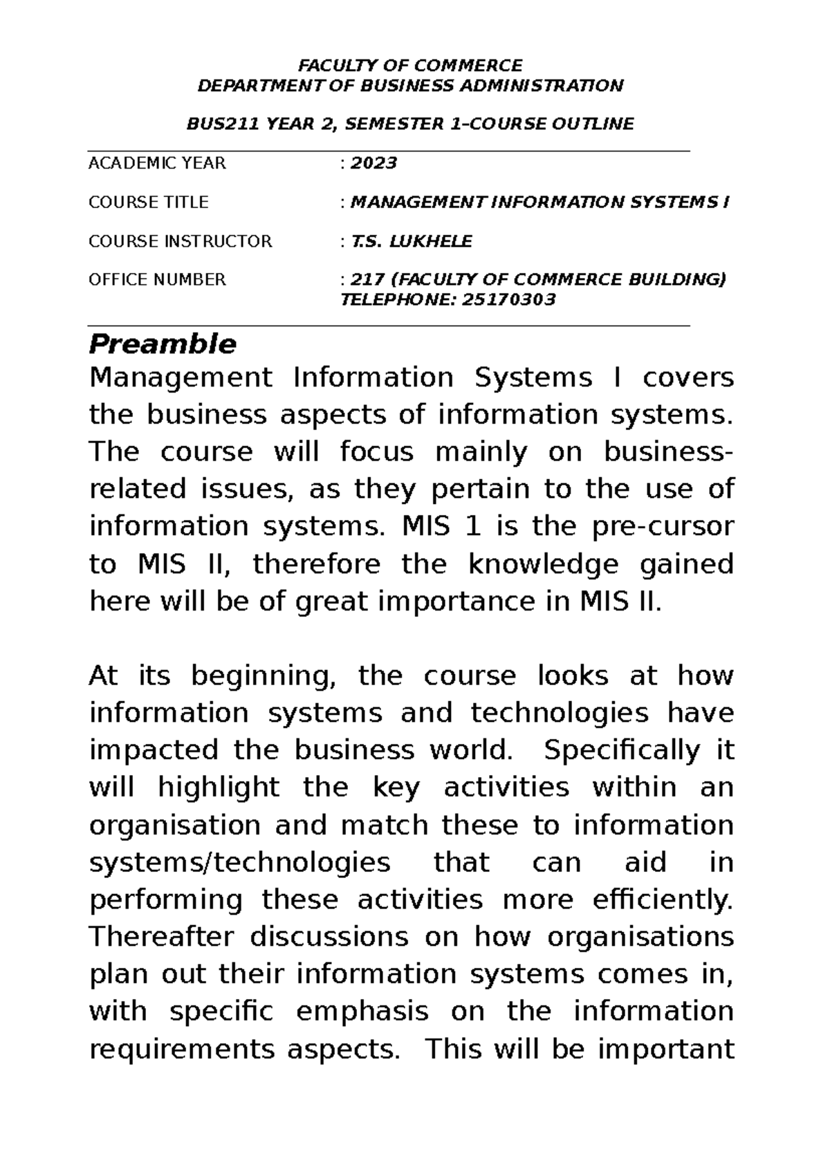 BUS211 Course Outline - FACULTY OF COMMERCE DEPARTMENT OF BUSINESS ...