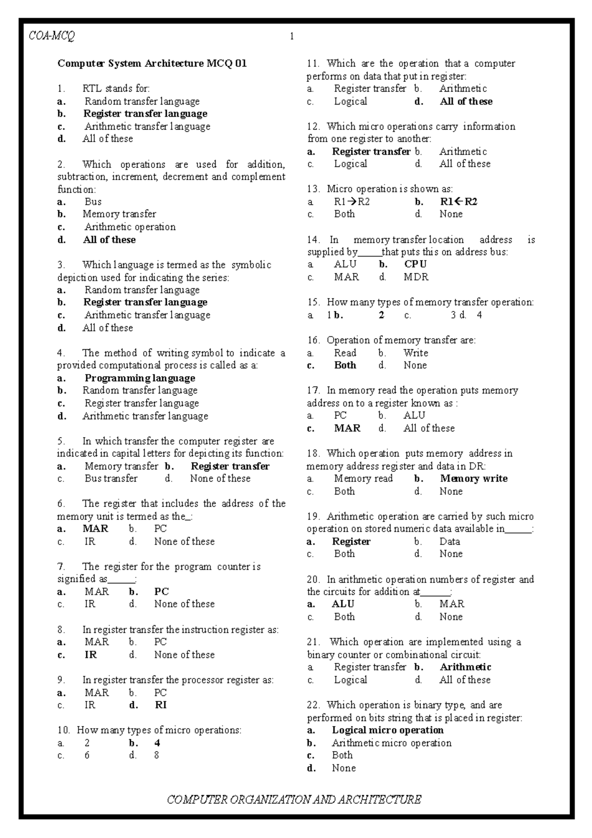 Computer Architecture and Organization mcqs - ComputerOrganization - UoK - Studocu