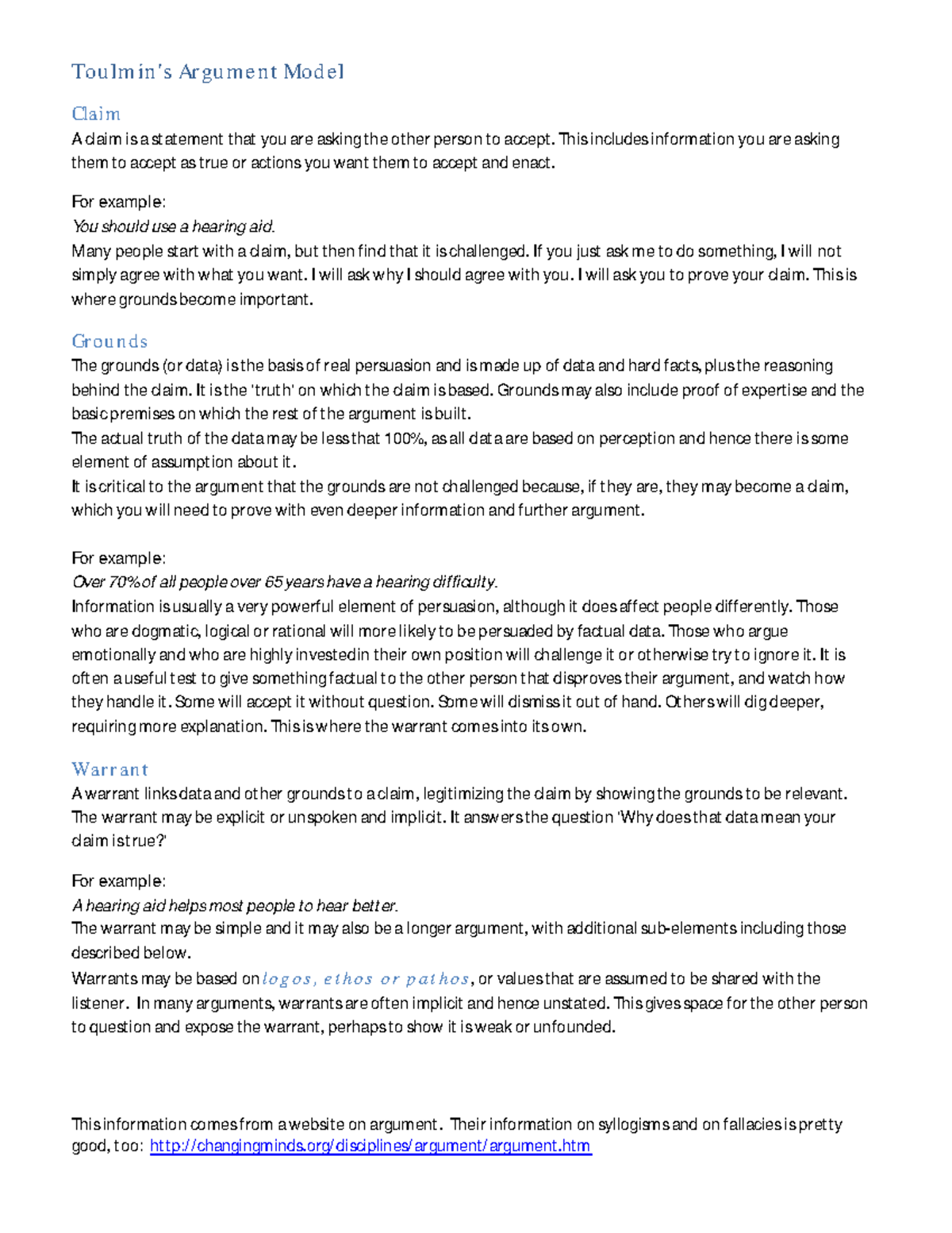 Argument Model: Claim Grounds Warrant Backing Qualifier Rebuttal - Studocu