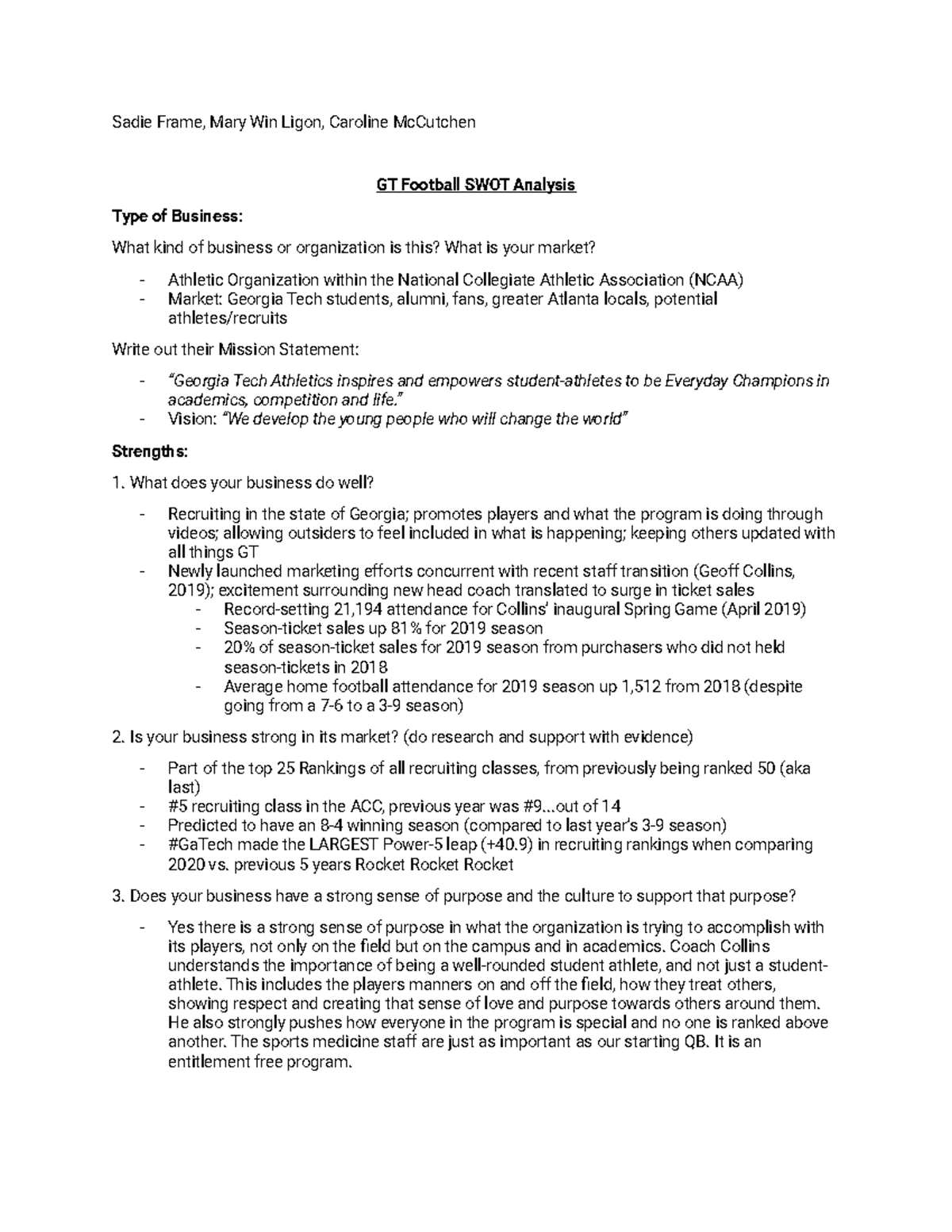 GT Football SWOT Analysis - Sadie Frame, Mary Win Ligon, Caroline ...