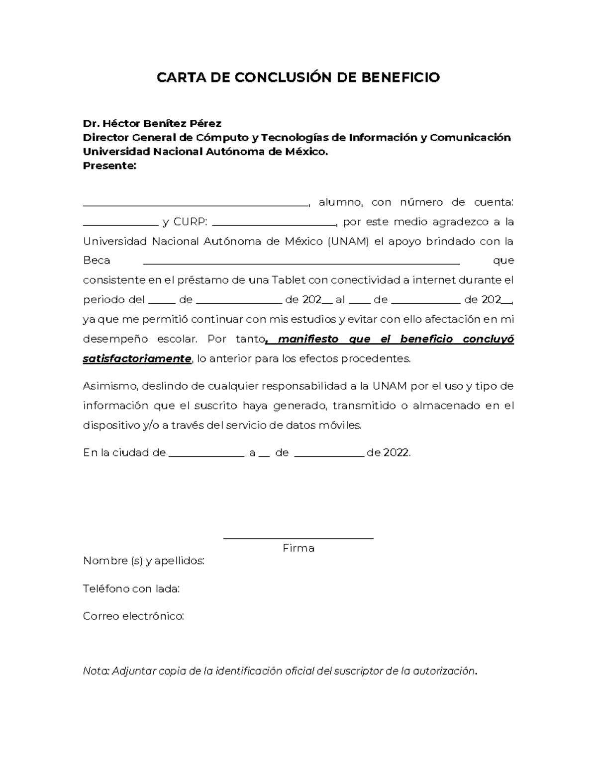 Carta DE Conclusion DE Beneficio - CARTA DE CONCLUSIÓN DE BENEFICIO Dr ...