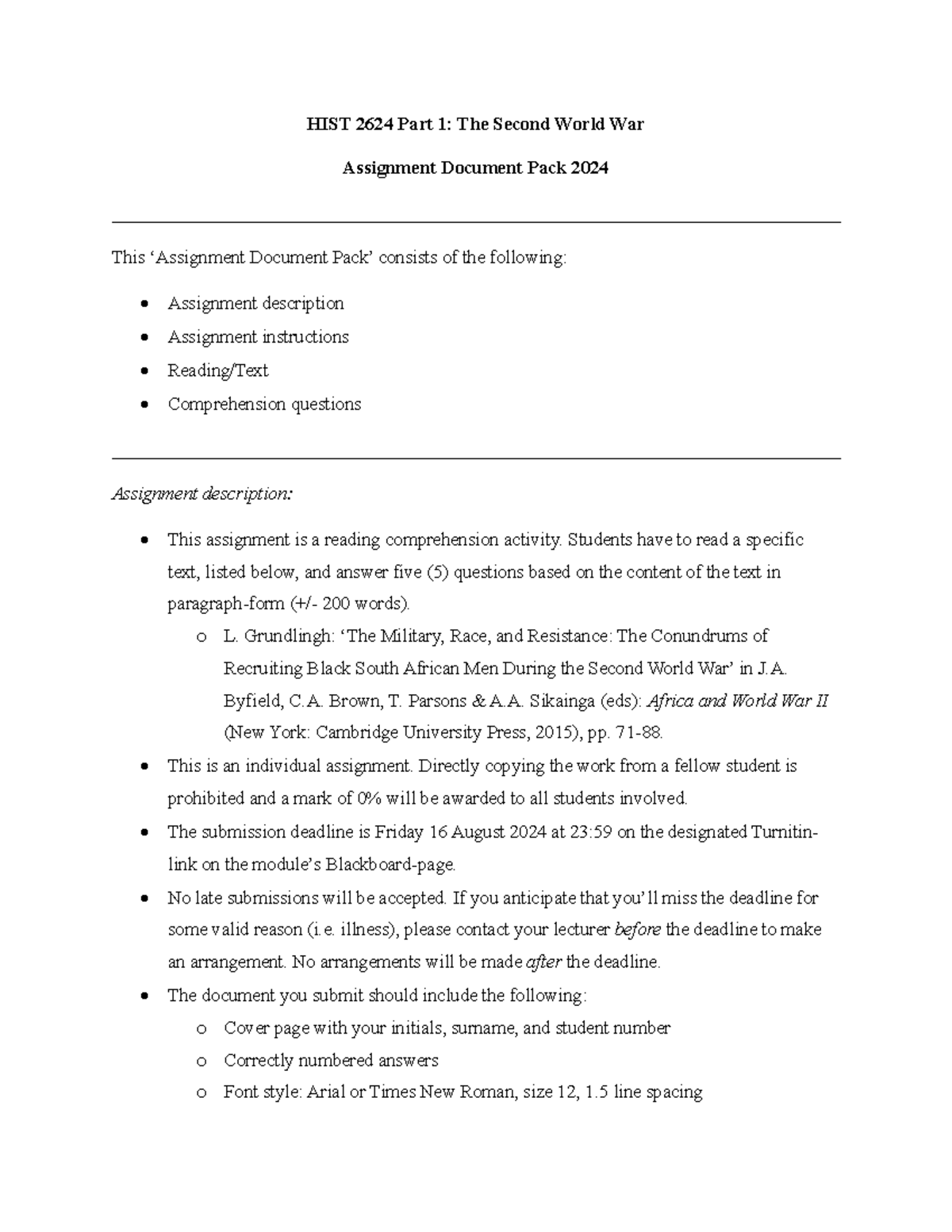 HIST 2624 Part 1 - Assignment Document Pack (2024) - HIST 2624 Part 1 ...
