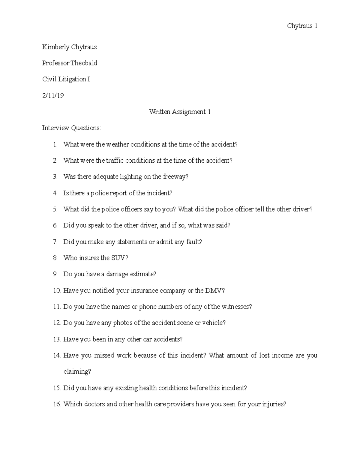 Intake Memo - Chytraus 1 Kimberly Chytraus Professor Theobald Civil ...