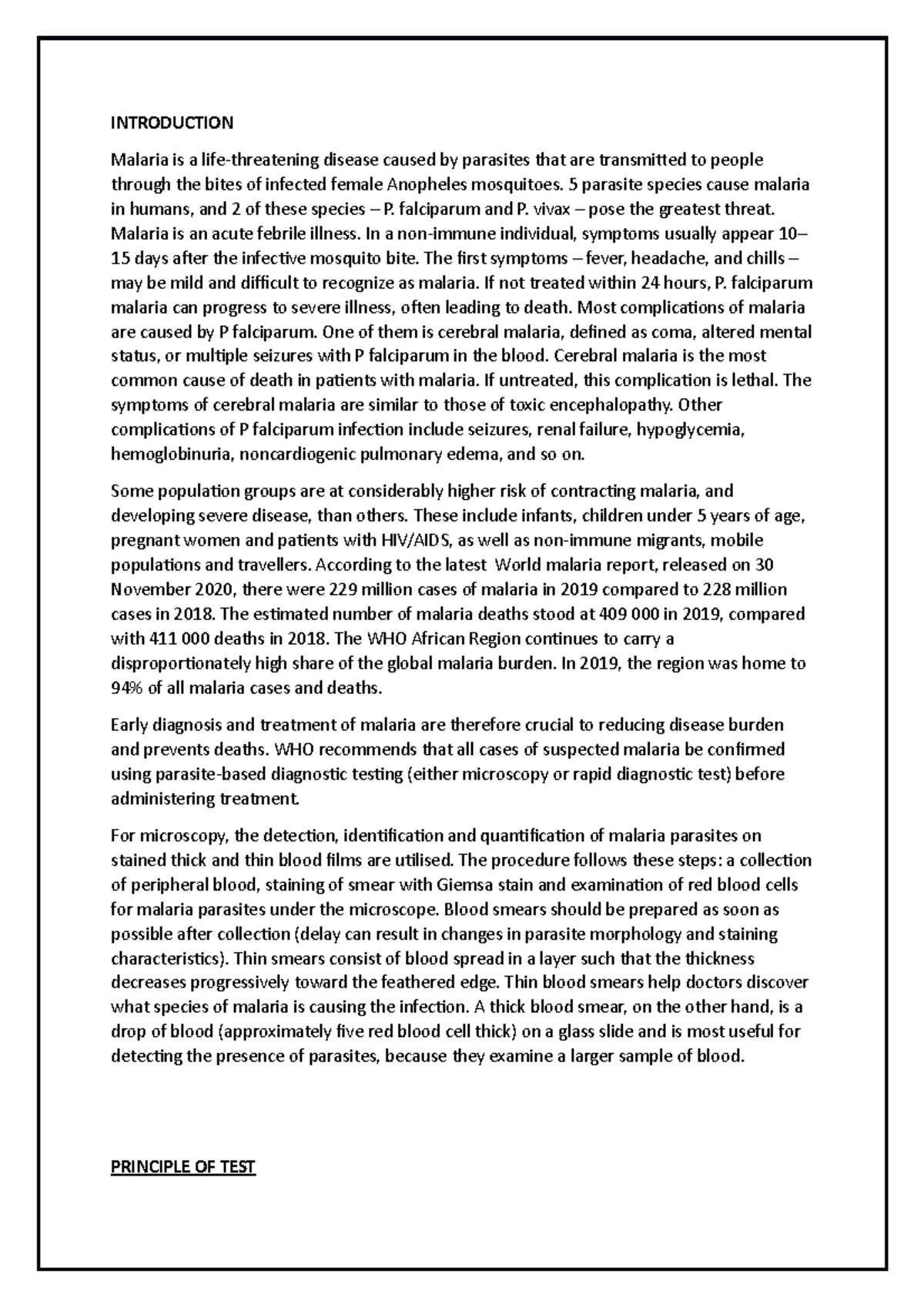 Introduction.docx malaria - INTRODUCTION Malaria is a life-threatening ...