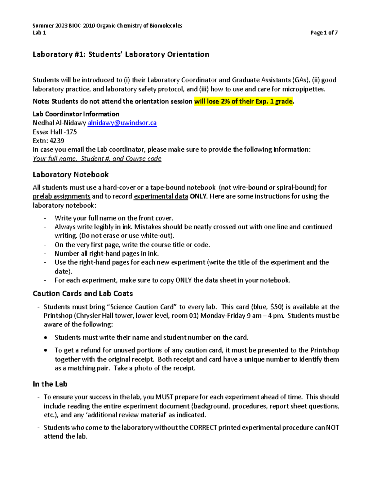 Lab #1 BIOC-2010 Lab Orientation Introduction to Micropipettes 1 - Lab ...