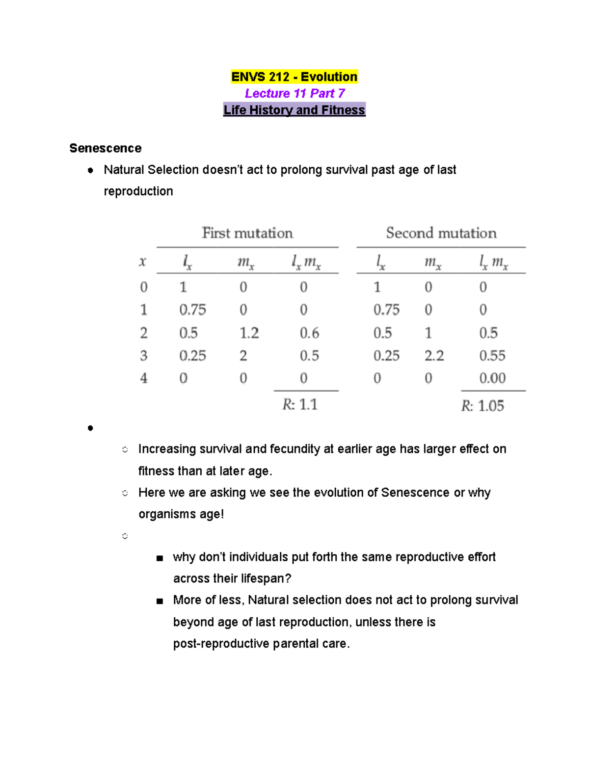 ENVS 212 Lecture 11 Part 7 - Spring 2020 - ENVS 212 - Evolution Lecture 11 Part 7 Life History ...