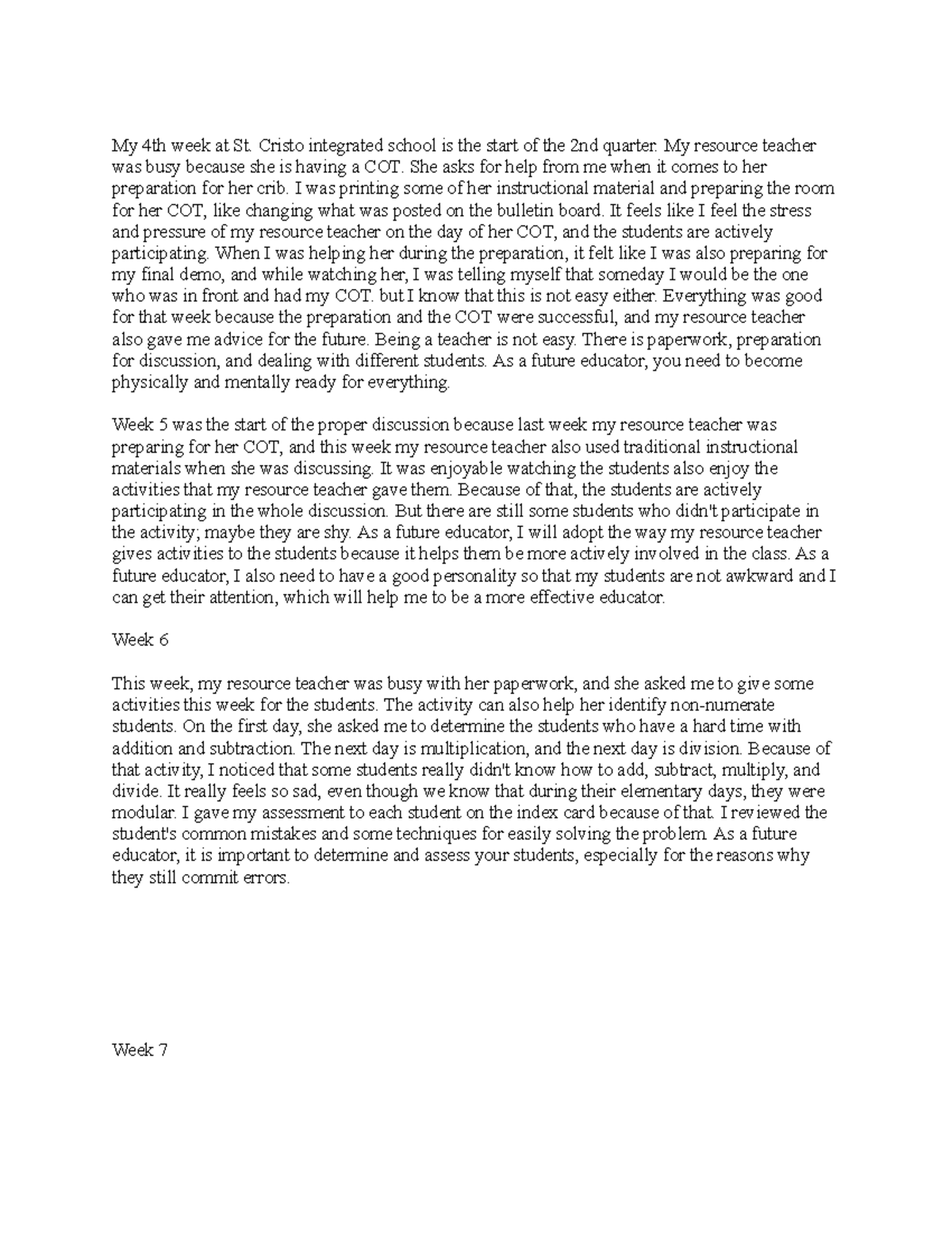 My 4th week at St - math assignment - My 4th week at St. Cristo ...