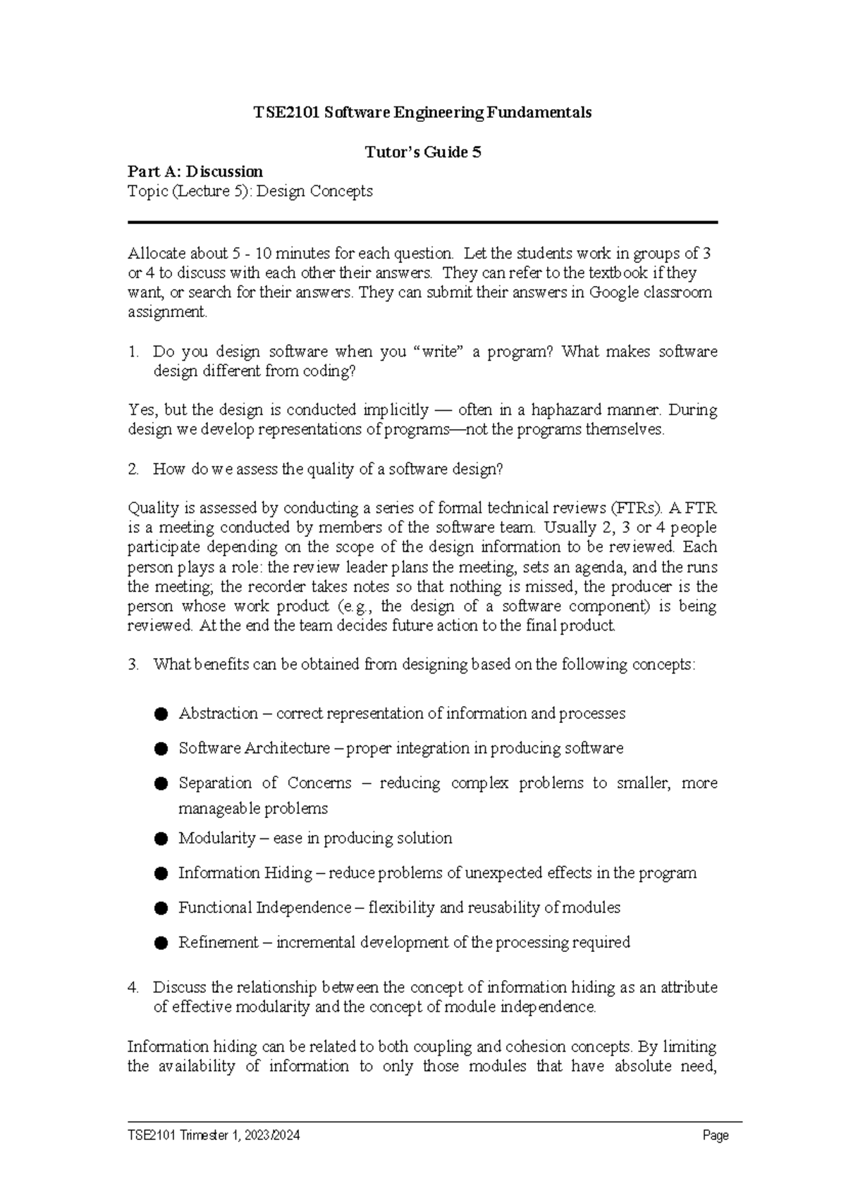Tut Guide 05 - TSE2101 Software Engineering Fundamentals Tutor’s Guide 5 Part A: Discussion ...