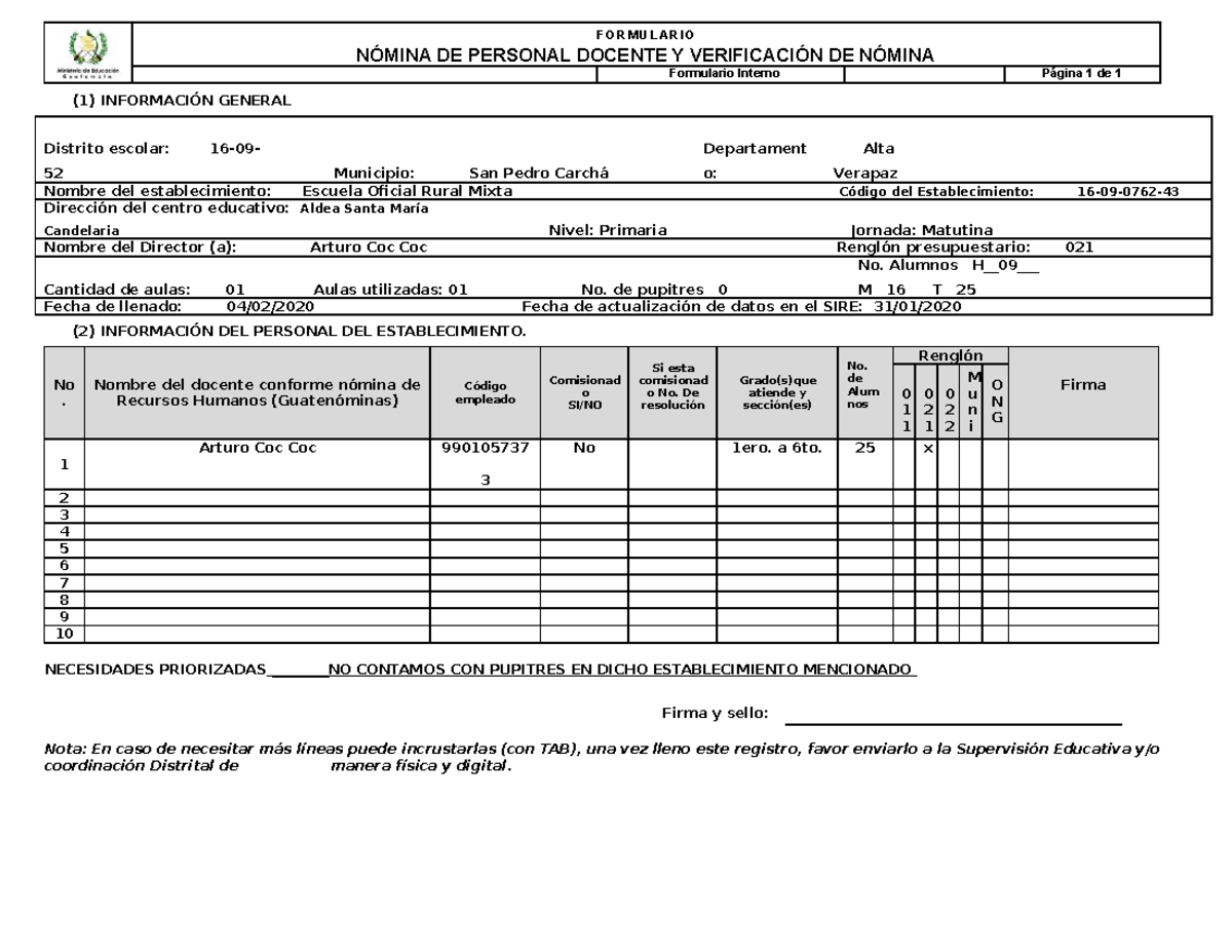 Nomina Docente 2020 - F O R M U L A R I O NÓMINA DE PERSONAL DOCENTE Y VERIFICACIÓN DE NÓMINA ...