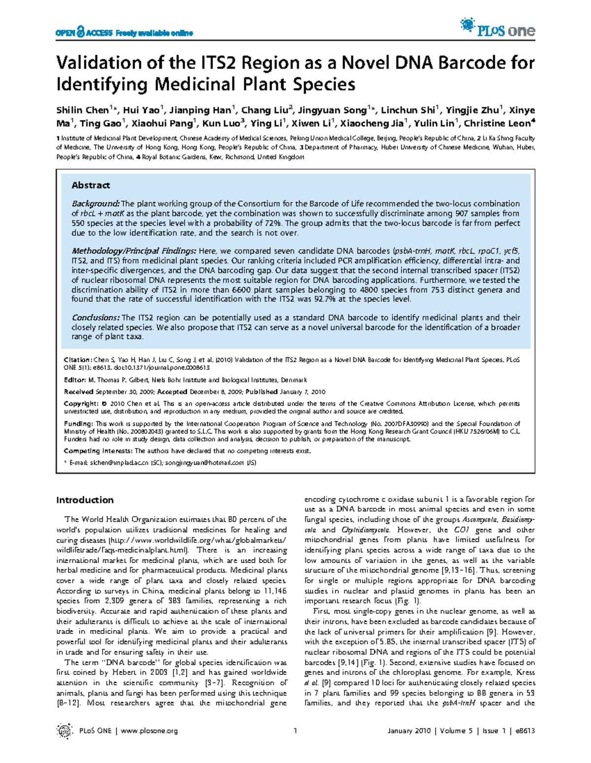 1 - arftivle - Validation of the ITS2 Region as a Novel DNA Barcode for ...