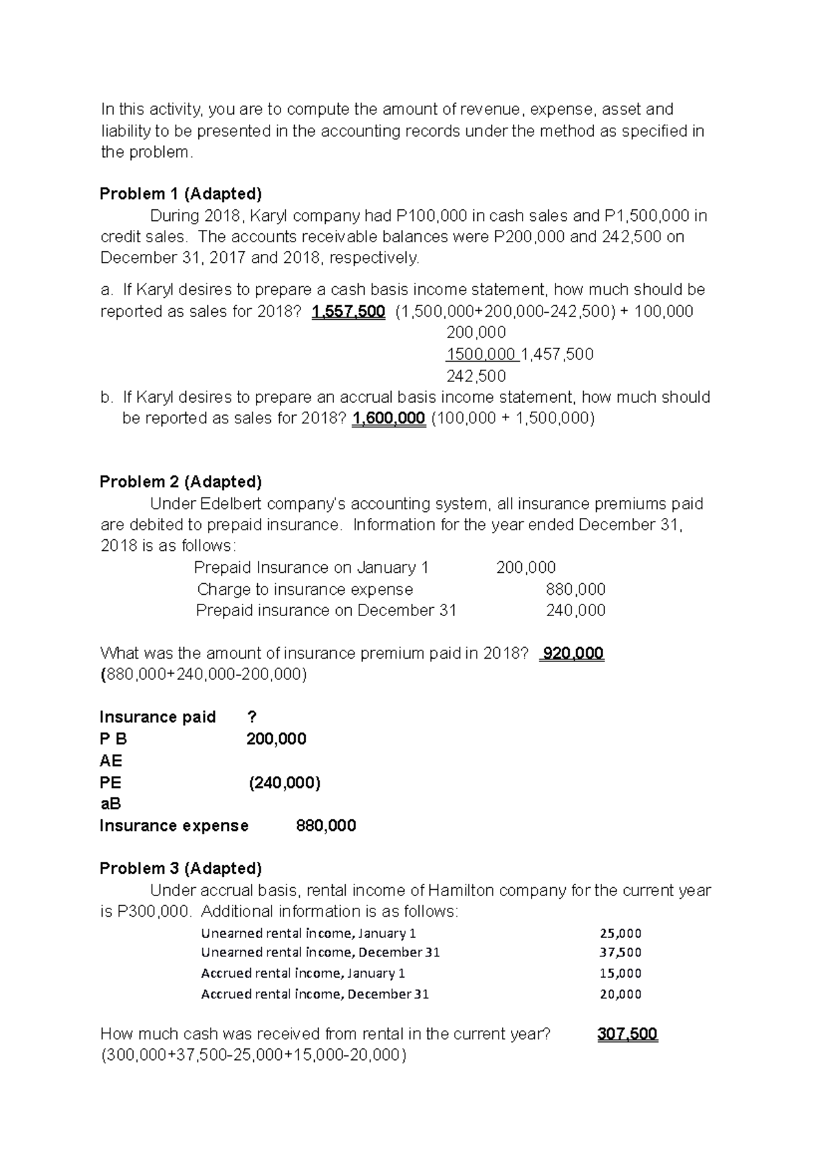 Revenue, expense, asset and liability - Problem 1 (Adapted) During 2018 ...