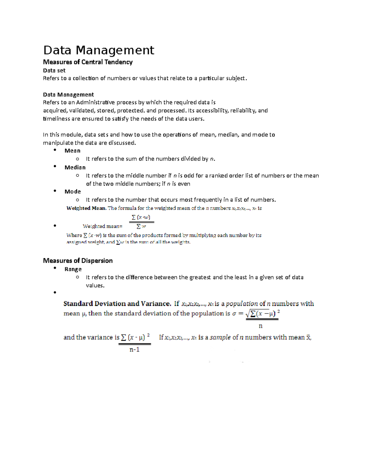 Lesson 8 Data Management - Data Management Measures of Central Tendency ...