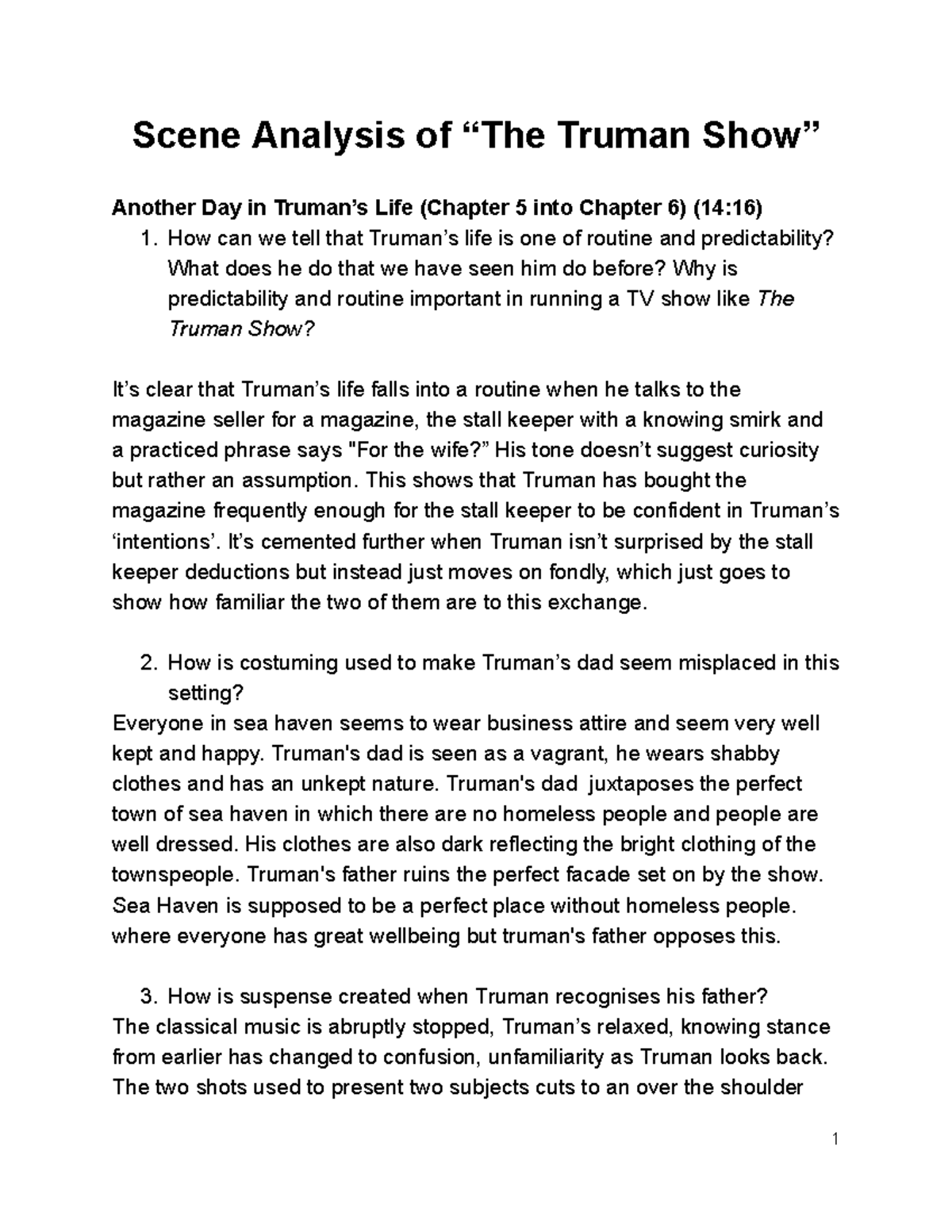 Scene analysis Another Day in Truman’s life - Scene Analysis of “The ...