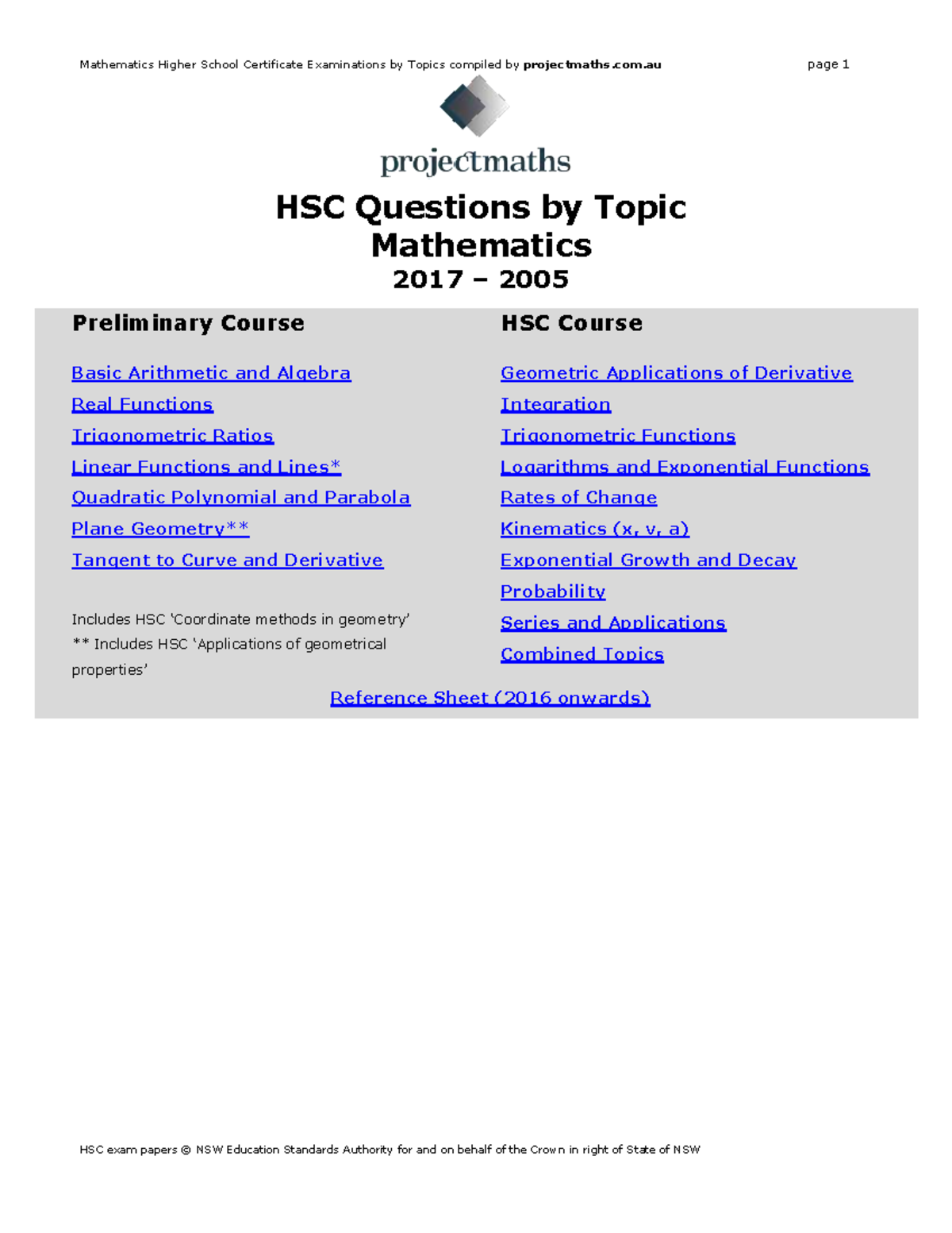 2017 - 2005 Mathematics HSC Old Syllabus - HSC Questions by Topic ...