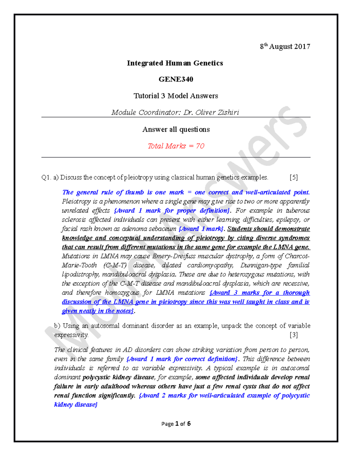 GENE340 TUT 3 memo - tut - 8 th August 2017 Integrated Human Genetics GENE Tutorial 3 Model ...