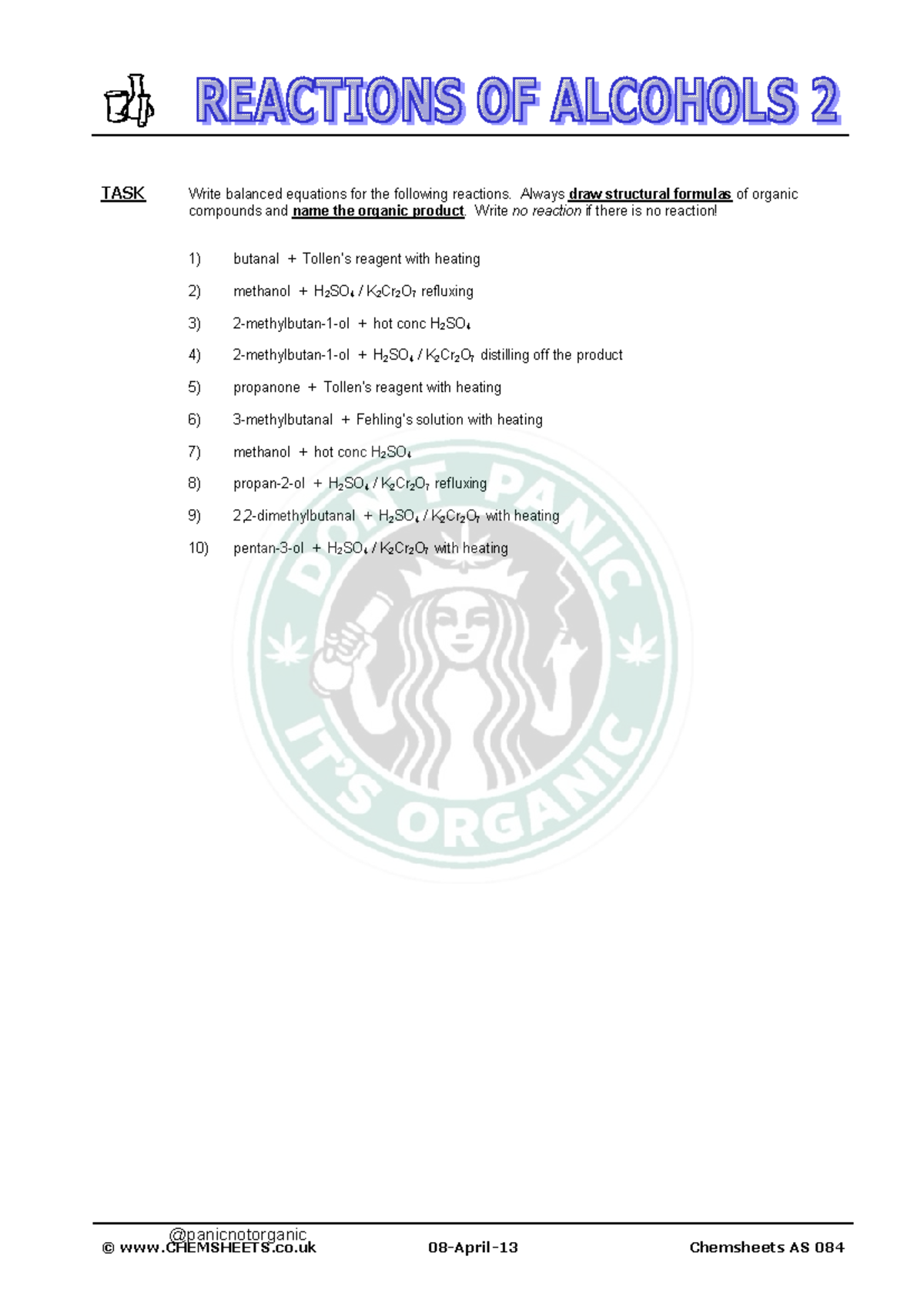 Chemsheets AS 084 Reactions of alcohols 2 - © CHEMSHEETS.co 08-April-13 ...